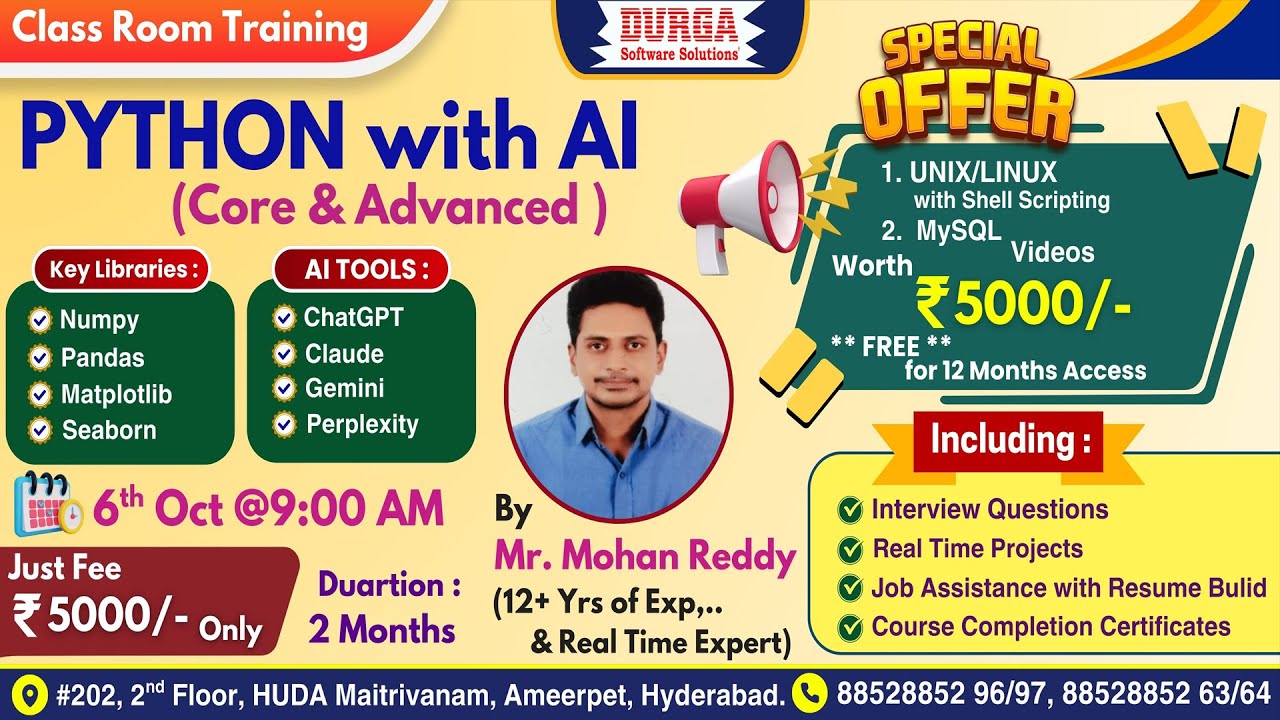 PYTHON with AI (CORE & ADVANCED) Class Room Training @ DURGASOFT - YouTube