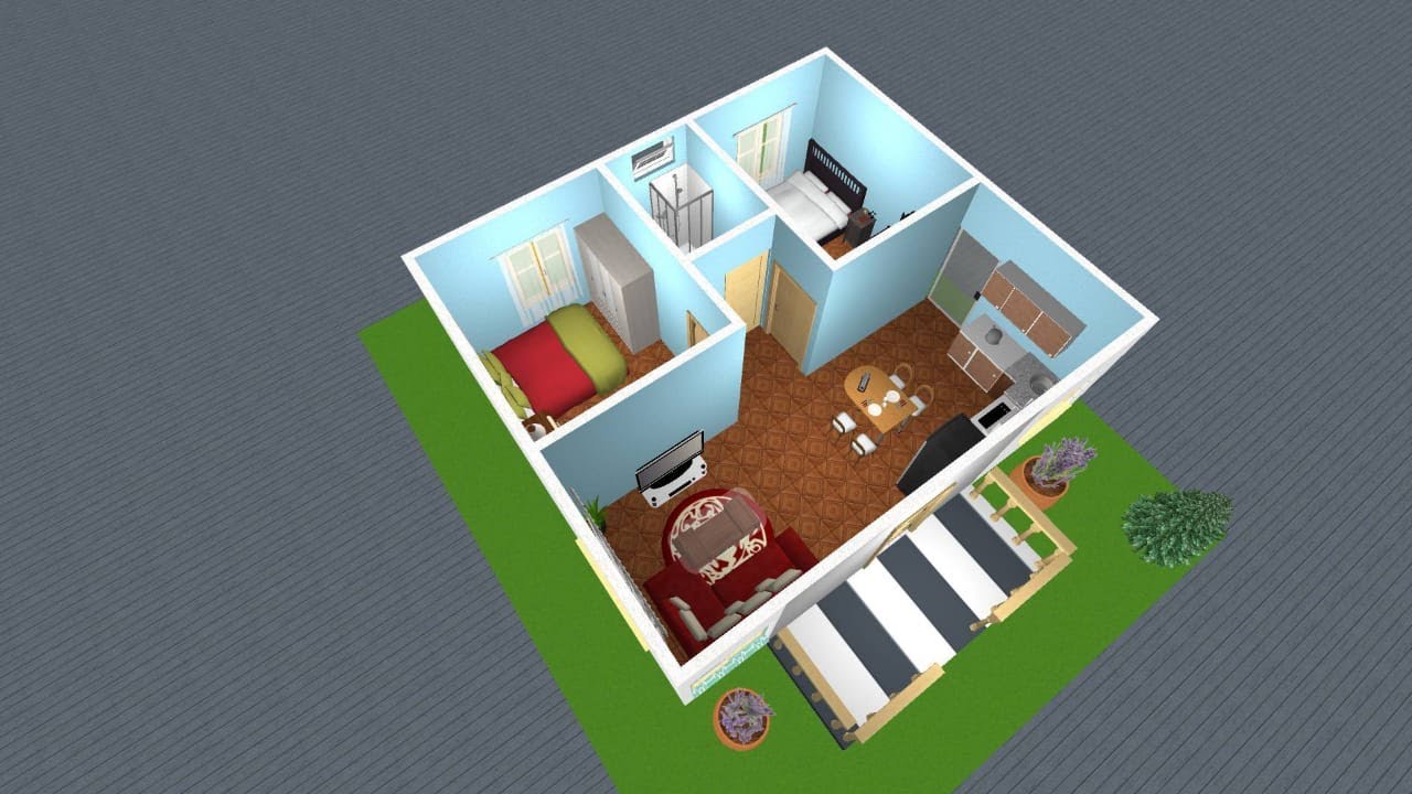 Two Bedrooms 7x8m House Design With American Kitchen - YouTube