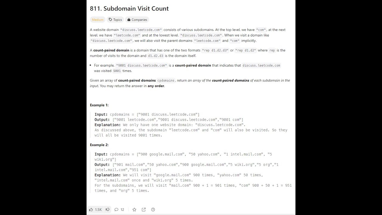 Leetcode 811 Subdomain Visit Count Solution Explained Youtube 9038