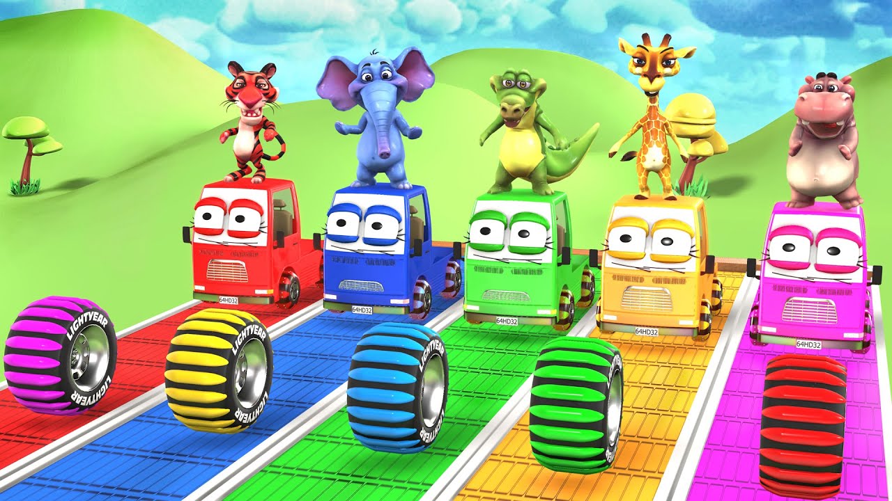 5 Cars Cartoon, Elephant, Tiger, Hippo, Guess The Right Door Crossing ...