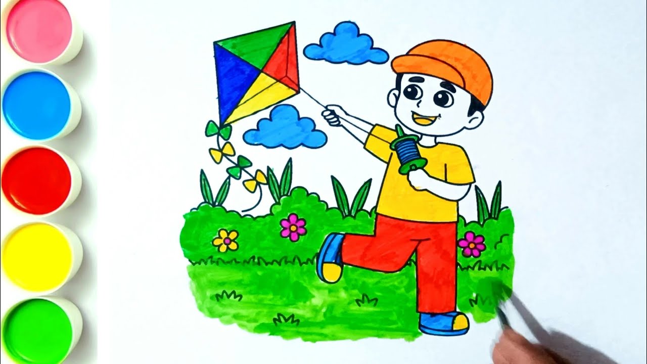 Spring Boy Flying a Kite drawing & painting for kids & toddlers - YouTube