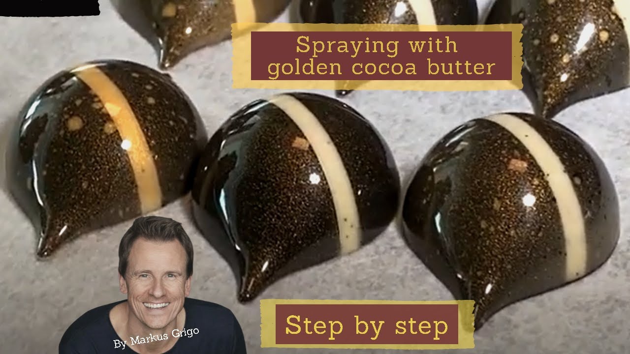 Spraying with golden cocoa butter - YouTube