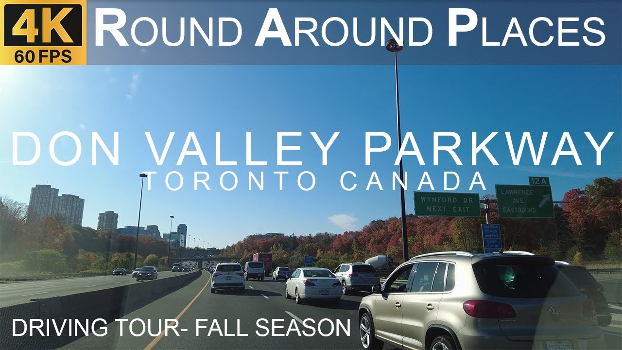 Driving tour 4K Don Valley Parkway (DVP) fall season on a sunny day ...