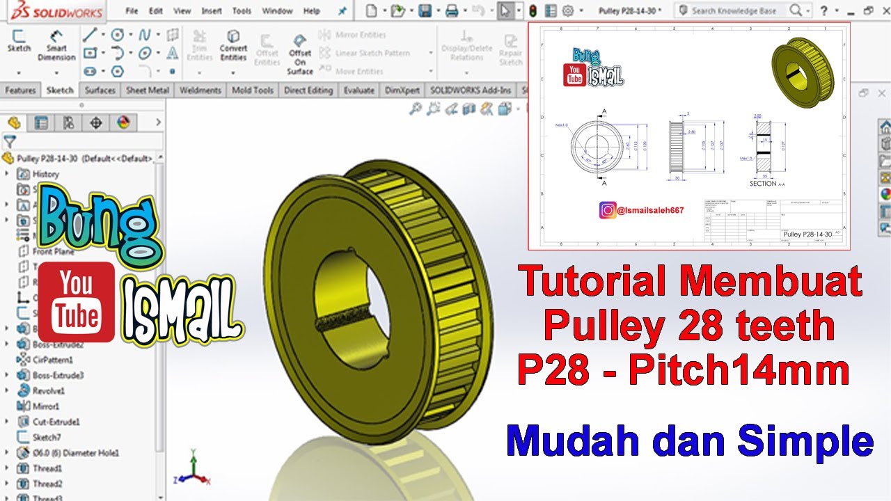 Tutorial Solidworks # Membuat Desain PULLEY 28 teeth - 14 mm, Mudah ...