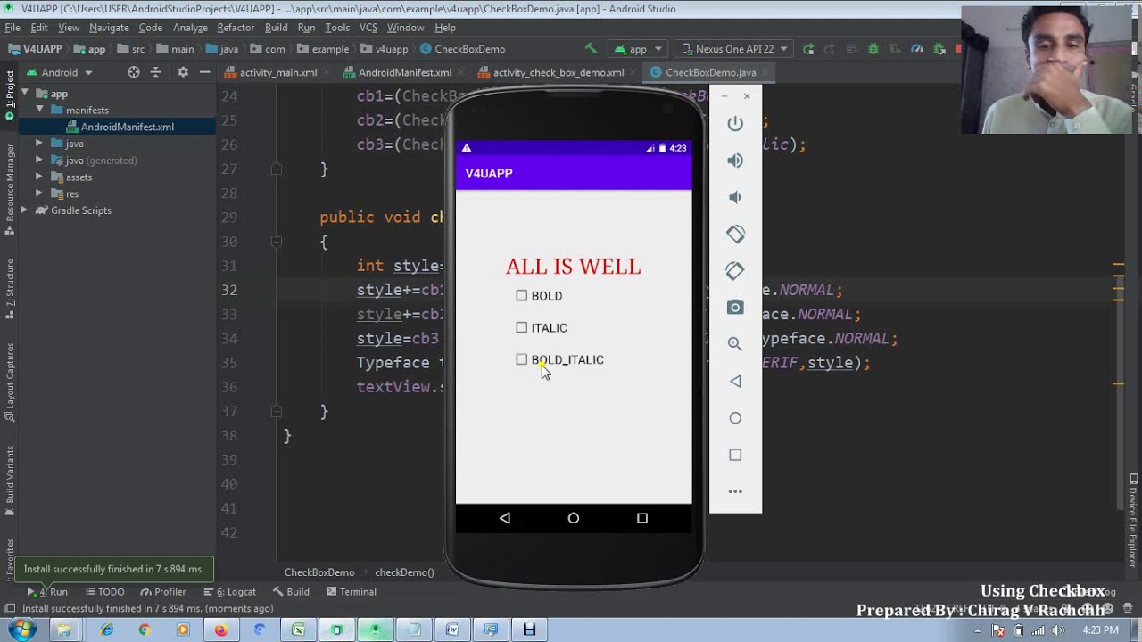 ANDROID PRACTICAL 48 | USING CHECKBOX | BOLD, ITALIC TEXTVIEW - YouTube