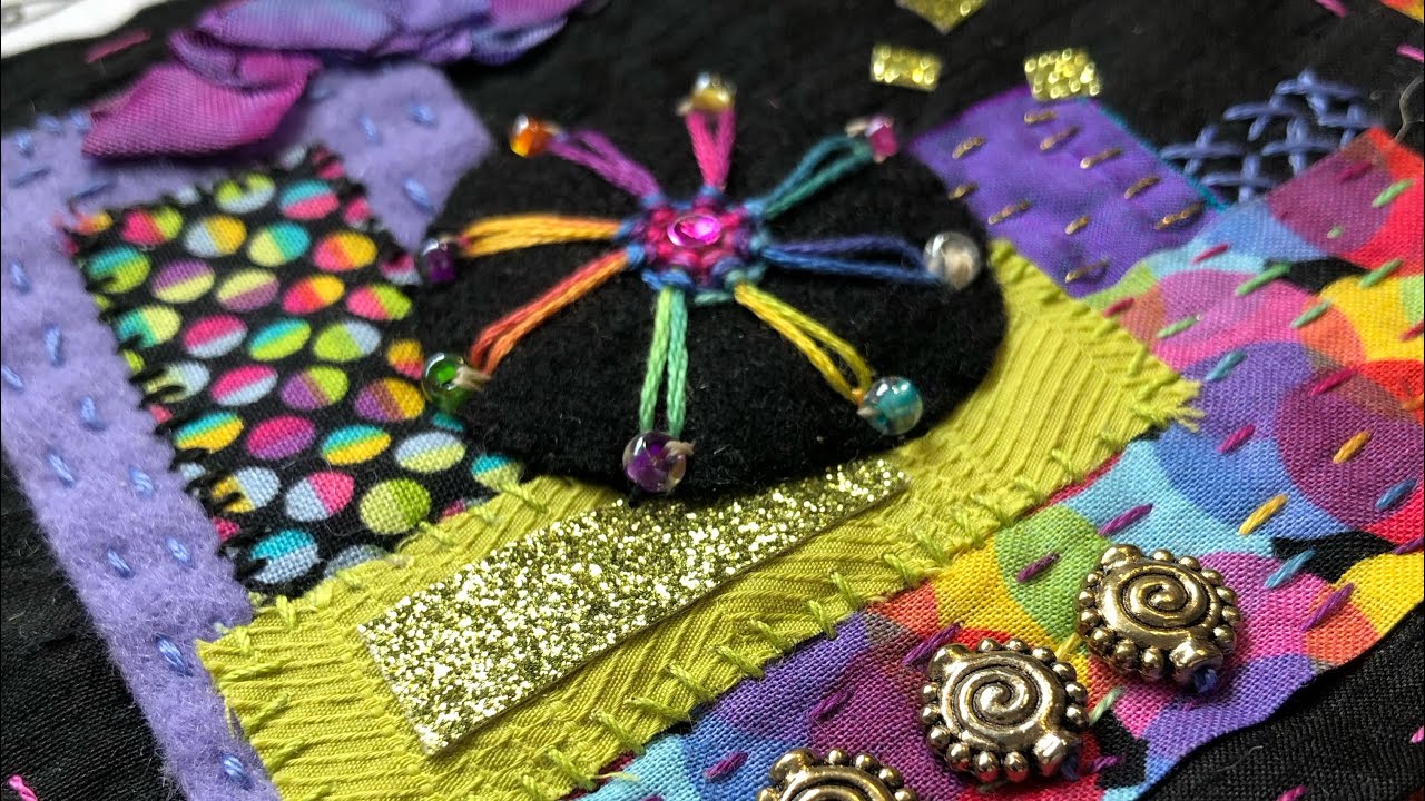 Vibrant and bright slow stitch textile art with embellishments from ...