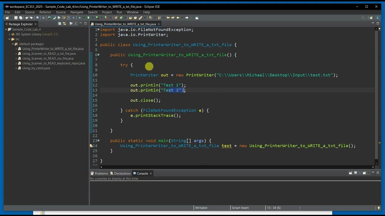 Demo Using Printwriter To Write A Text File Youtube