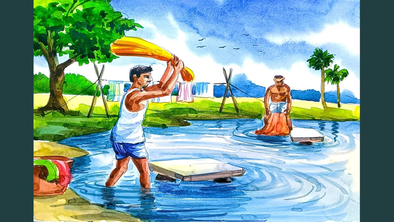 How to draw scenery of washerman with watercolour step by step ...
