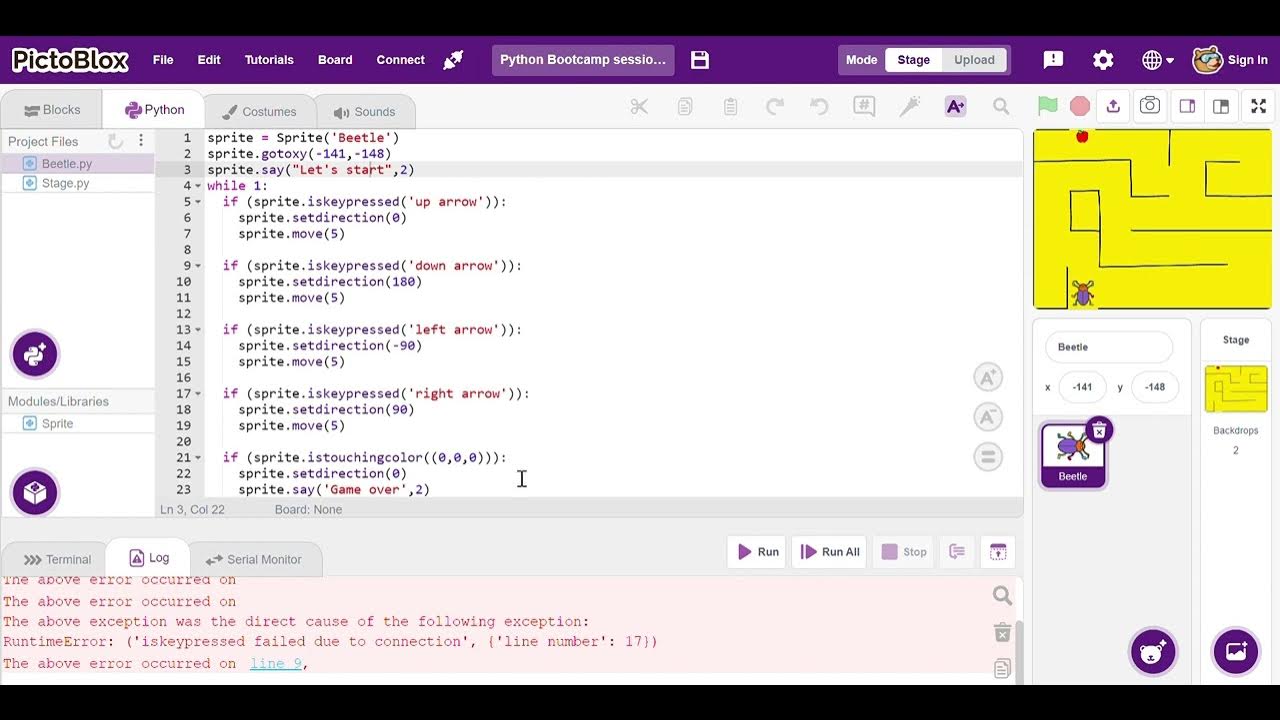 PictoBlox Python program for Beetle maze game - YouTube