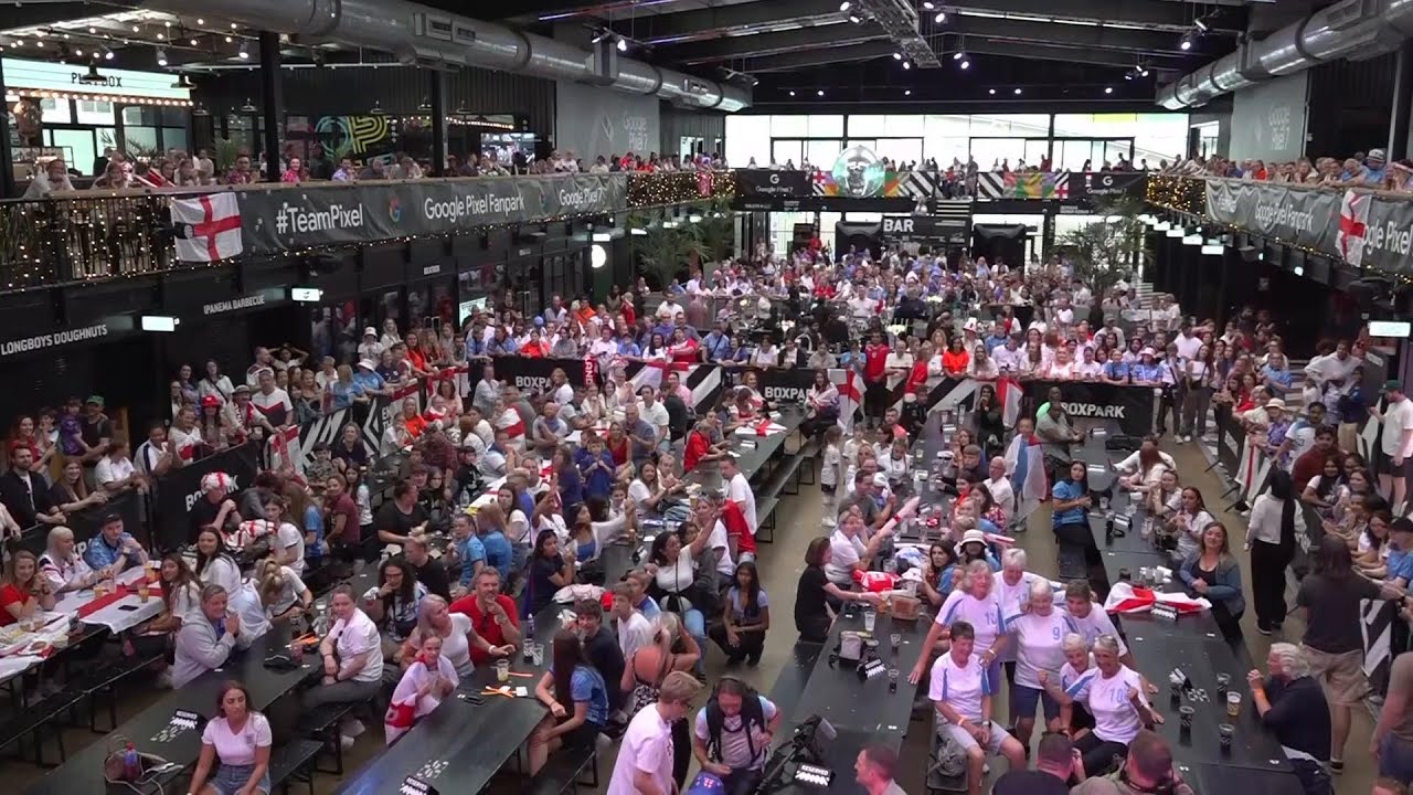 Fans gather in Box Park Wembley for England-Spain World Cup final - YouTube