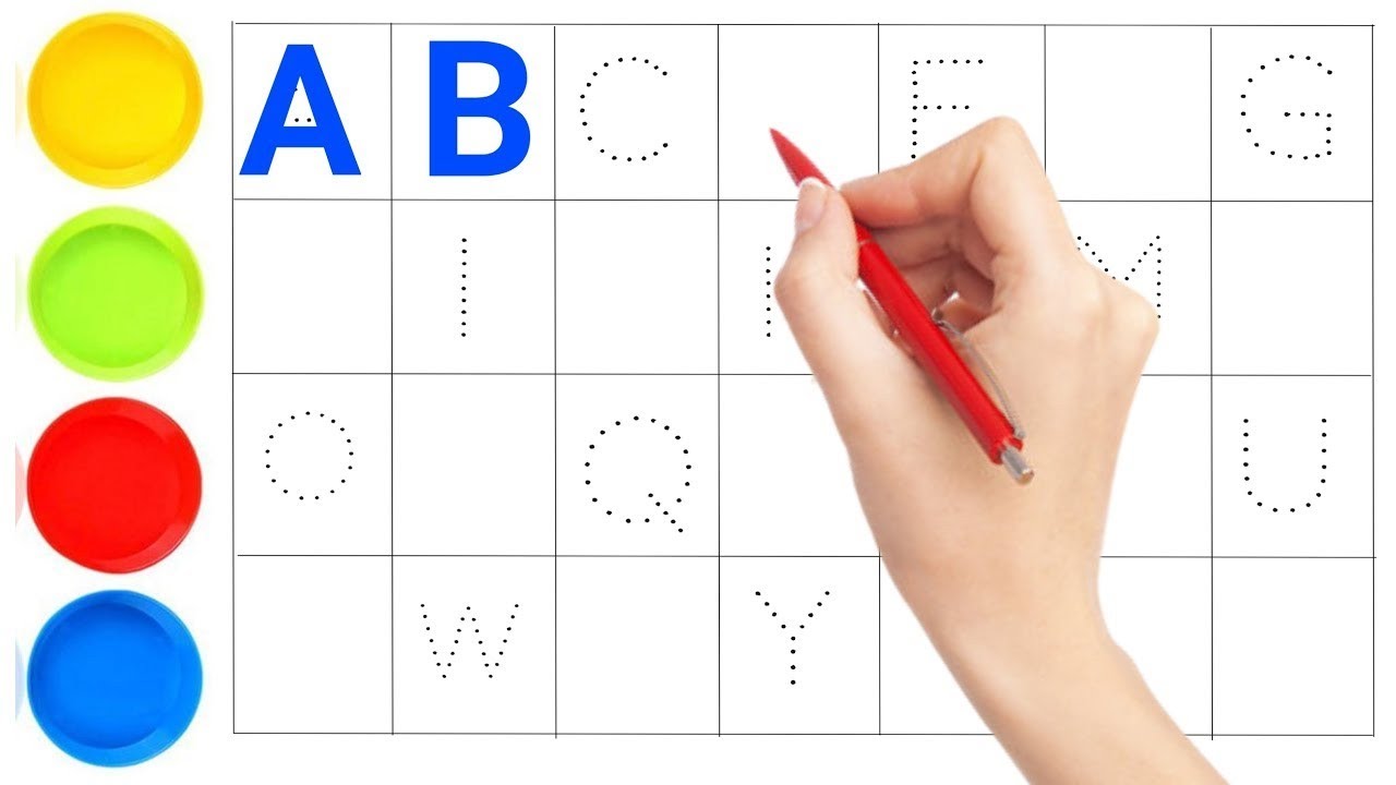 follow the abc dot line, abcd, a for apple b for ball c for cat ...