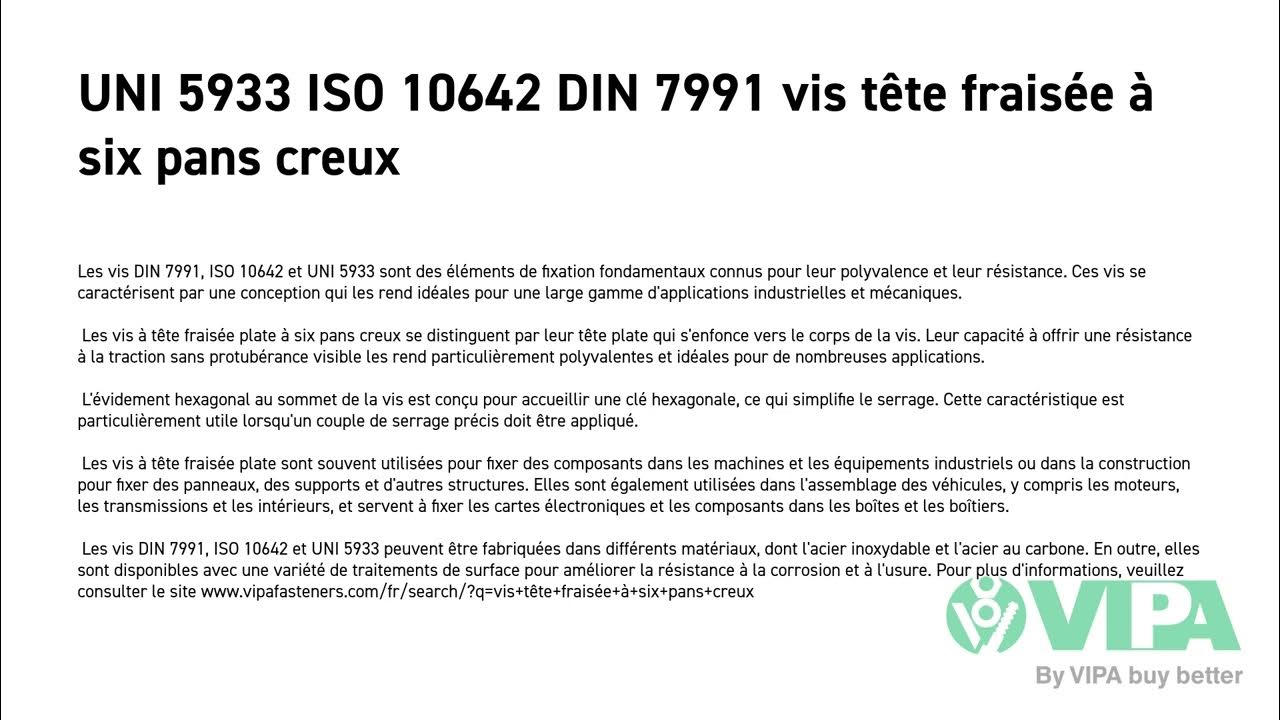 UNI 5933 ISO 10642 DIN 7991 vis tête fraisée à six pans creux - YouTube