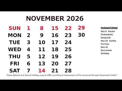 November Calendar 2026