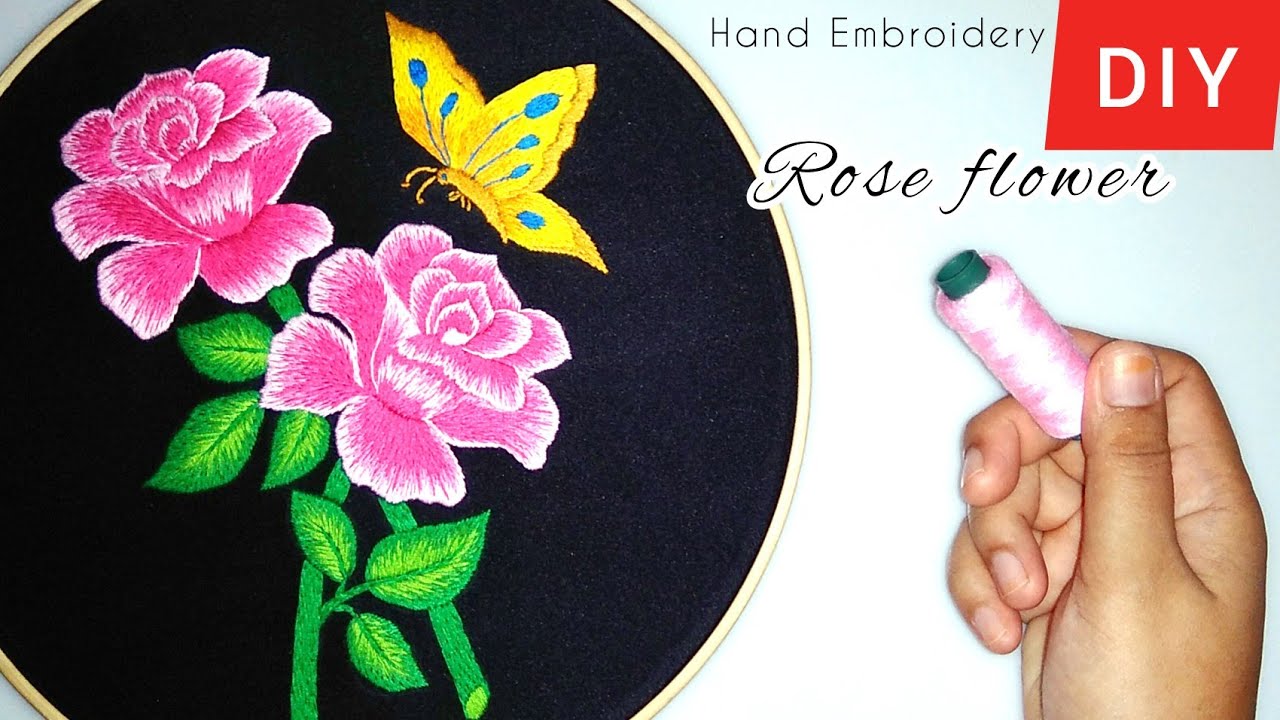 Hand embroidery rose flower, sulaman benang bunga mawar, bordado a mano ...