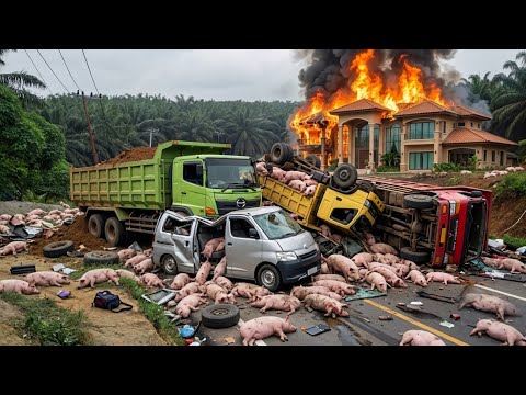 Detik Detik Truck Rem Blong Hantam Mobil || Truck Muatan Babi Terbalik Hingga Terjadi Kekacauan