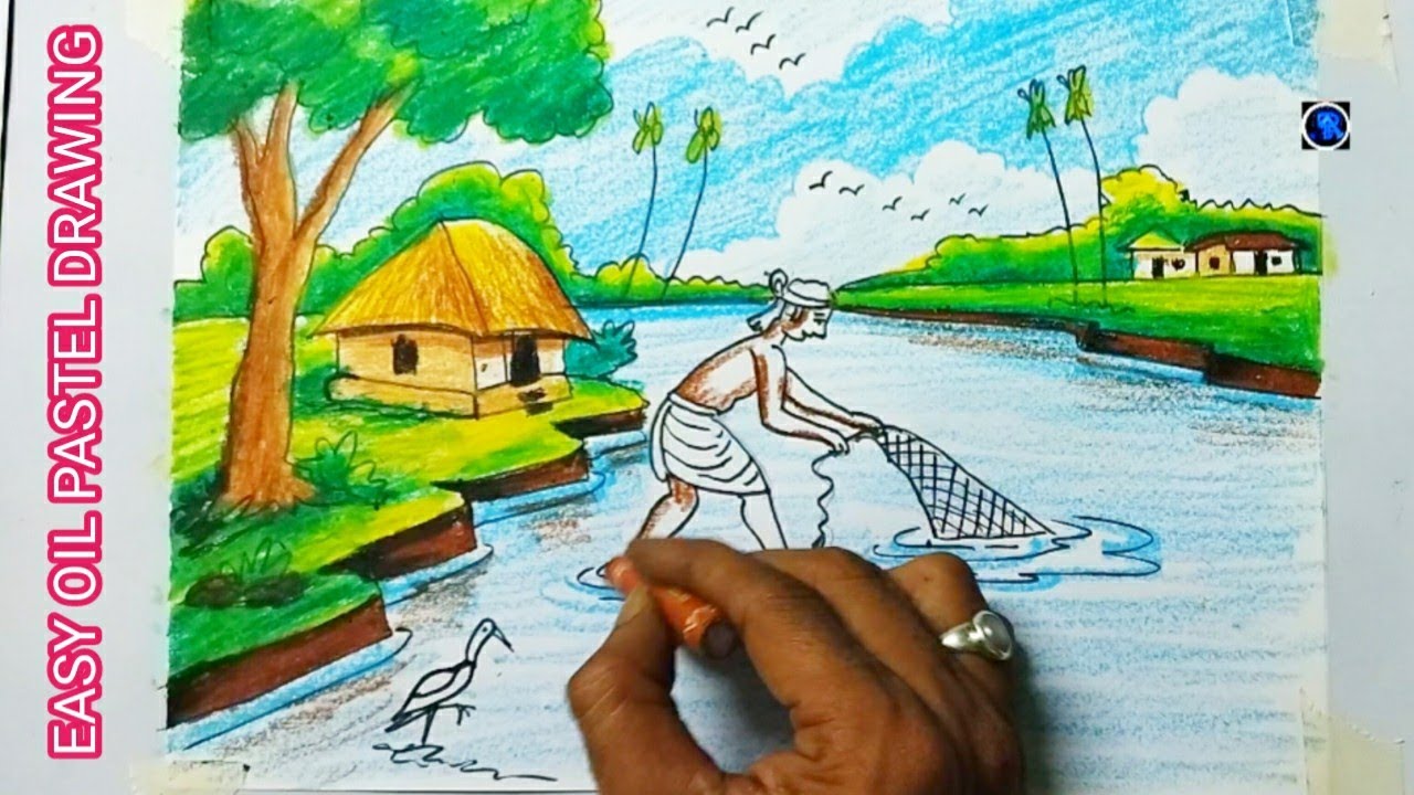 How To Draw Village Landscape|Fisherman Drawing Step By Step In Oil ...