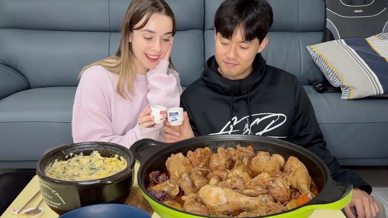 SPICY Korean Chicken Stew, SOJU & STEAMED EGG MUKBANG *a tipsy eating ...