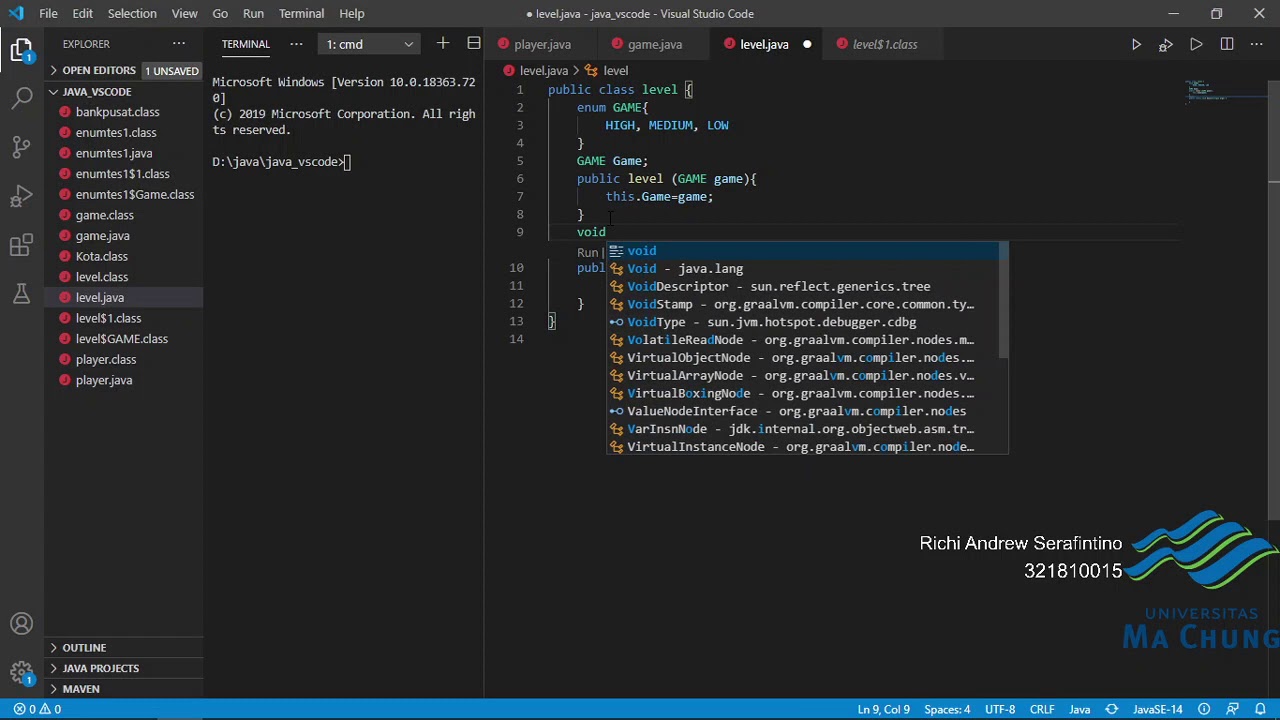 CONTOH CLASS ENUMERASI JAVA (BEGINNER)-Richi Andrew S-321810015-Universitas Ma Chung Malang ...
