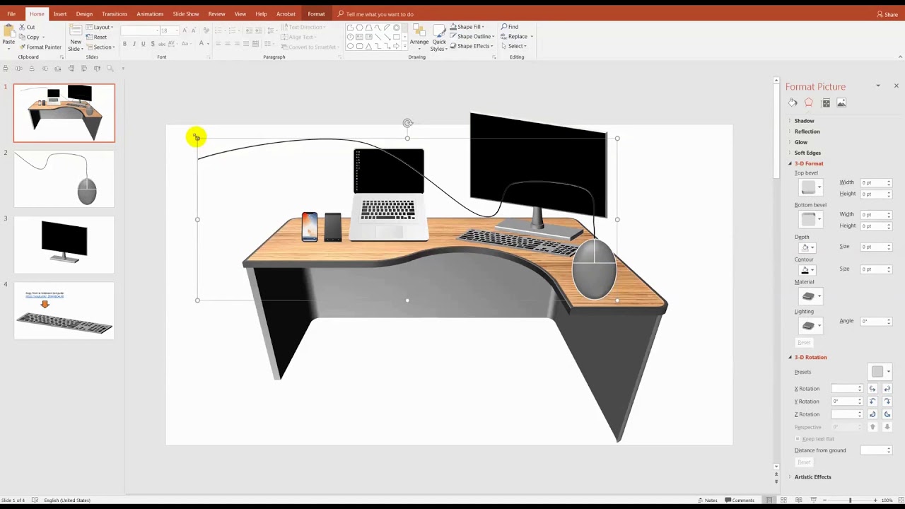 파워포인트로 그림 그리기: 책상에 있는 노트북과 모니터, 키보드, 마우스 (PPT drawing: desk, monitor ...