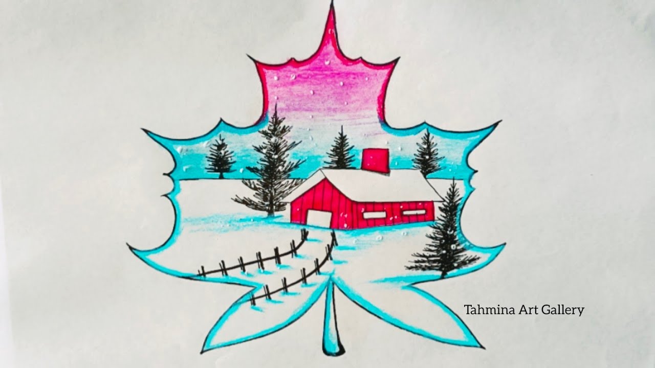 How to draw easy Snowfall scenery for beginners || Winter scenery ...