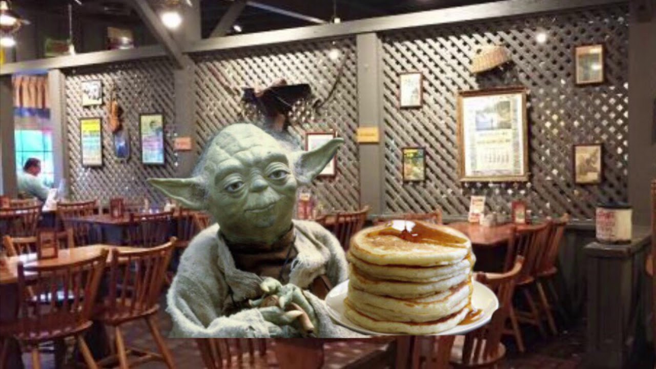 Yoda eats pancakes at Cracker Barrel while baby cries in the background ...