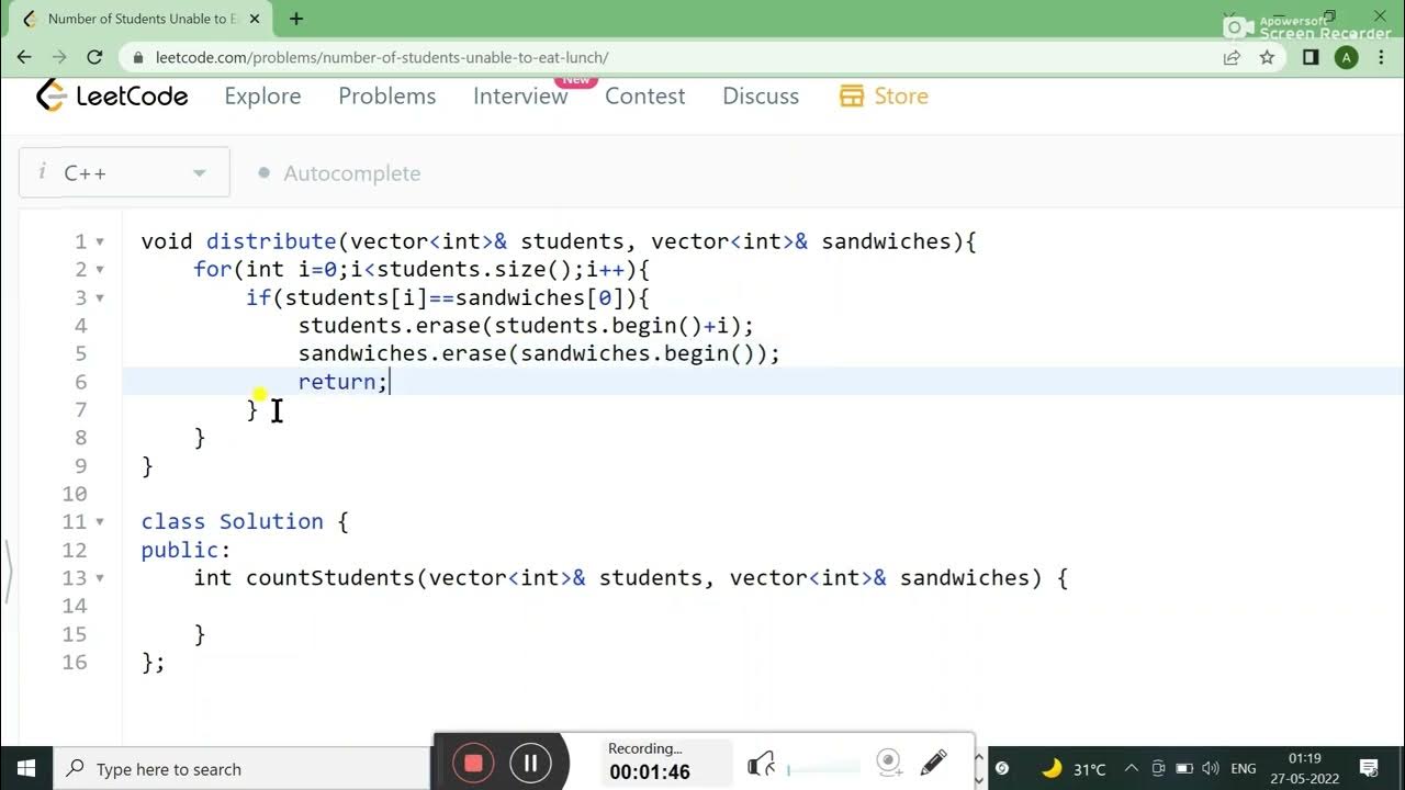 1700. Number of Students Unable to Eat Lunch || LEETCODE SOLUTION || IN C++ || DS AND ALGO - YouTube