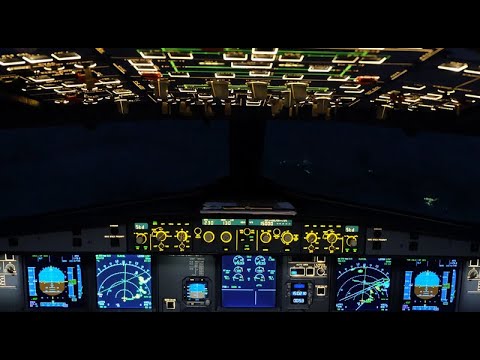 COCKPIT NIGHT APPROACH TO DOMODEDOVO AIRPORT, MOSCOW (UUDD). AIRBUS ...