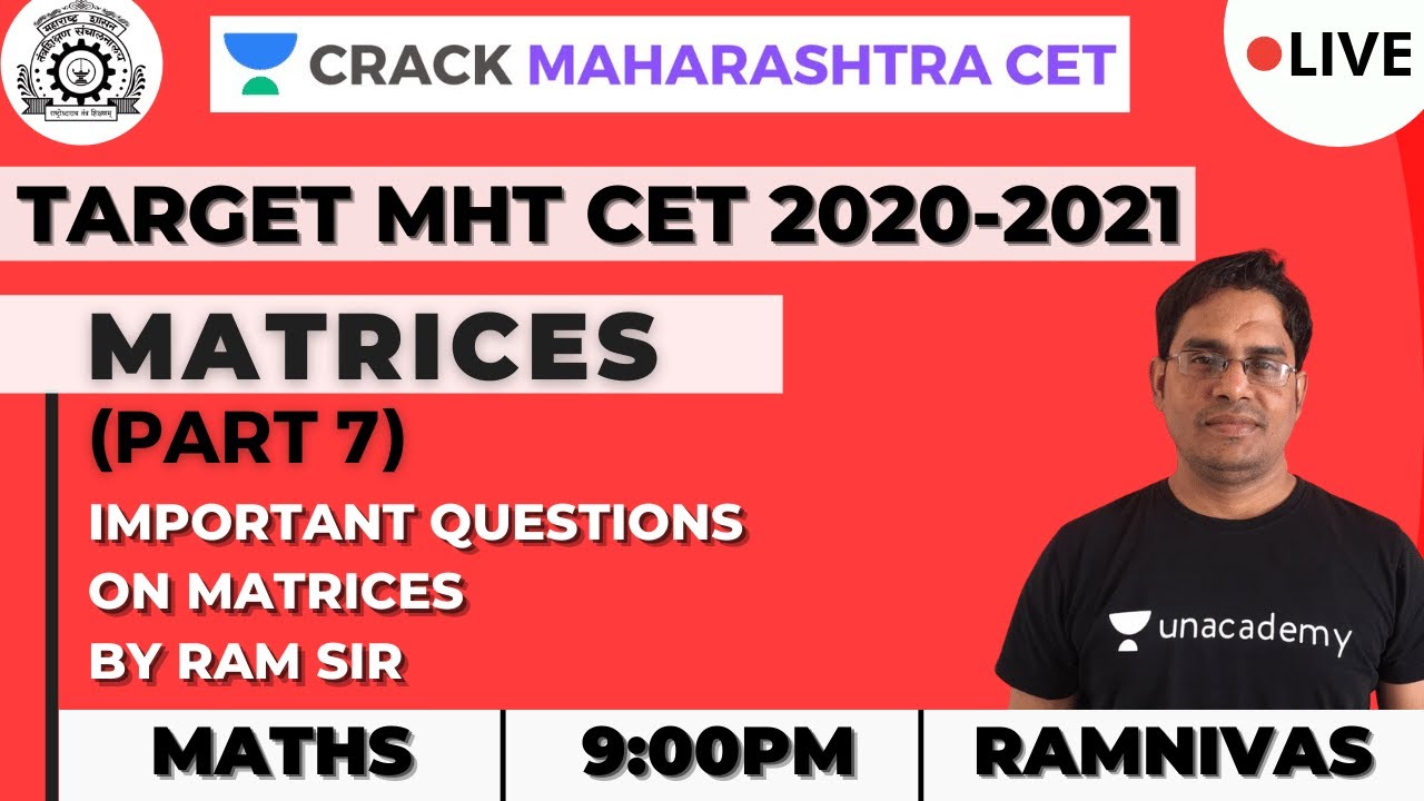 Matrices (Part-7) | Maths | Target MHT CET 2020-21 | Ramnivas - YouTube