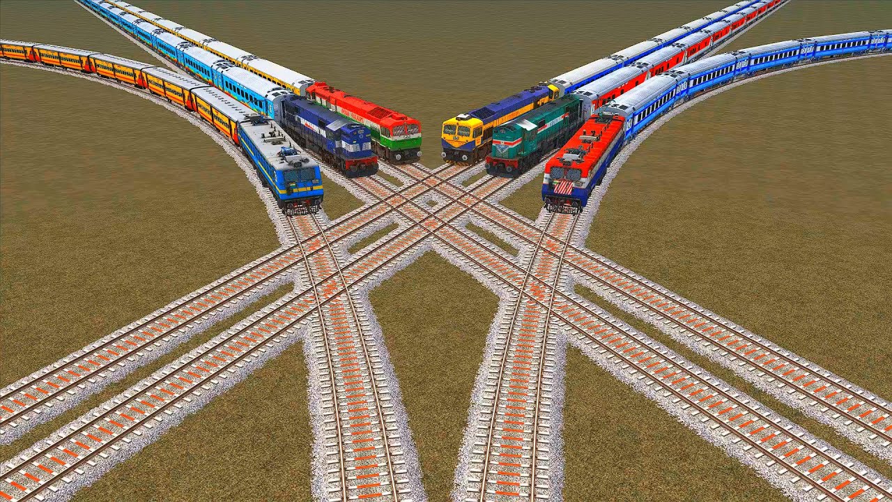 6 Different Trains Crossing On Double Crisscrossed Same Line Track Rel ...