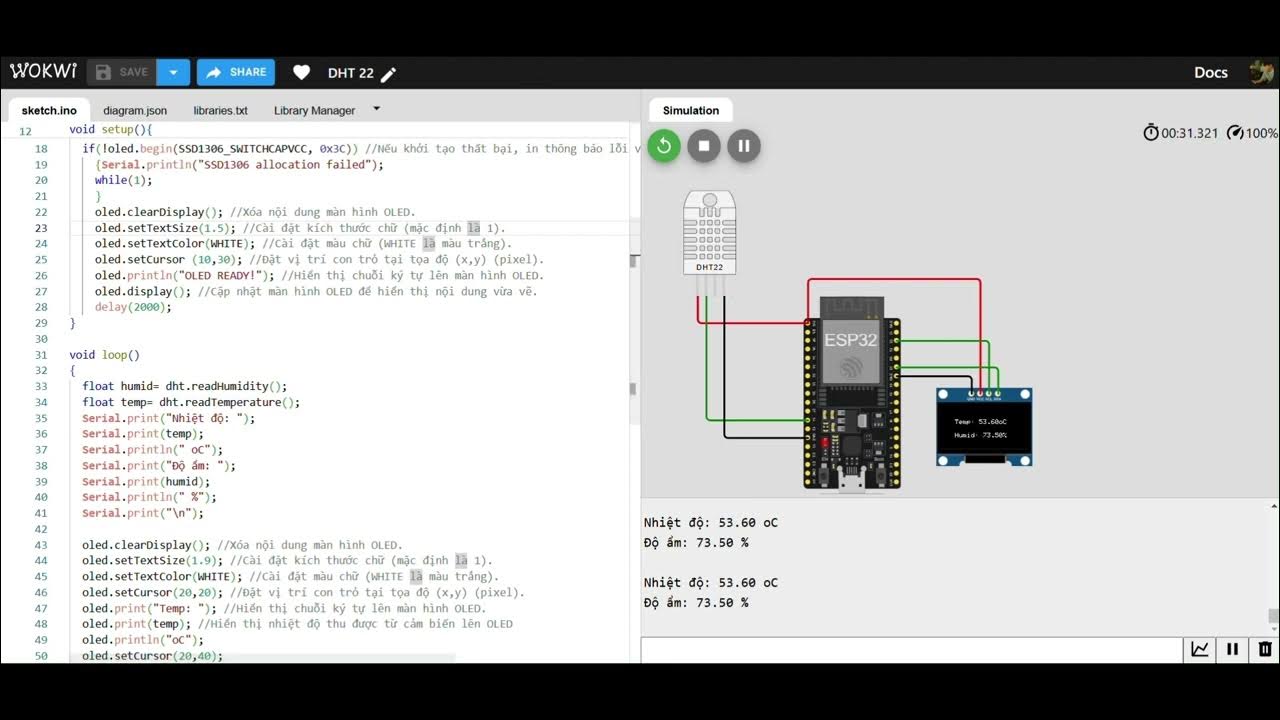 Mô phỏng Wokwi các module: Led, button, DHT11/22, Oled, Buzzer tần số ...
