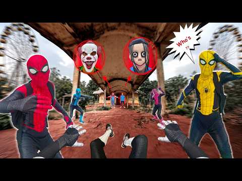 5 Spider-Men encounter a creepy clown and a spooky security guard in an abandoned park !!!