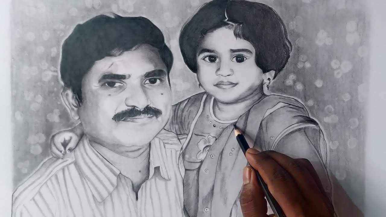 Realistic Pencil Drawing of a Grandfather with his grandchild - YouTube