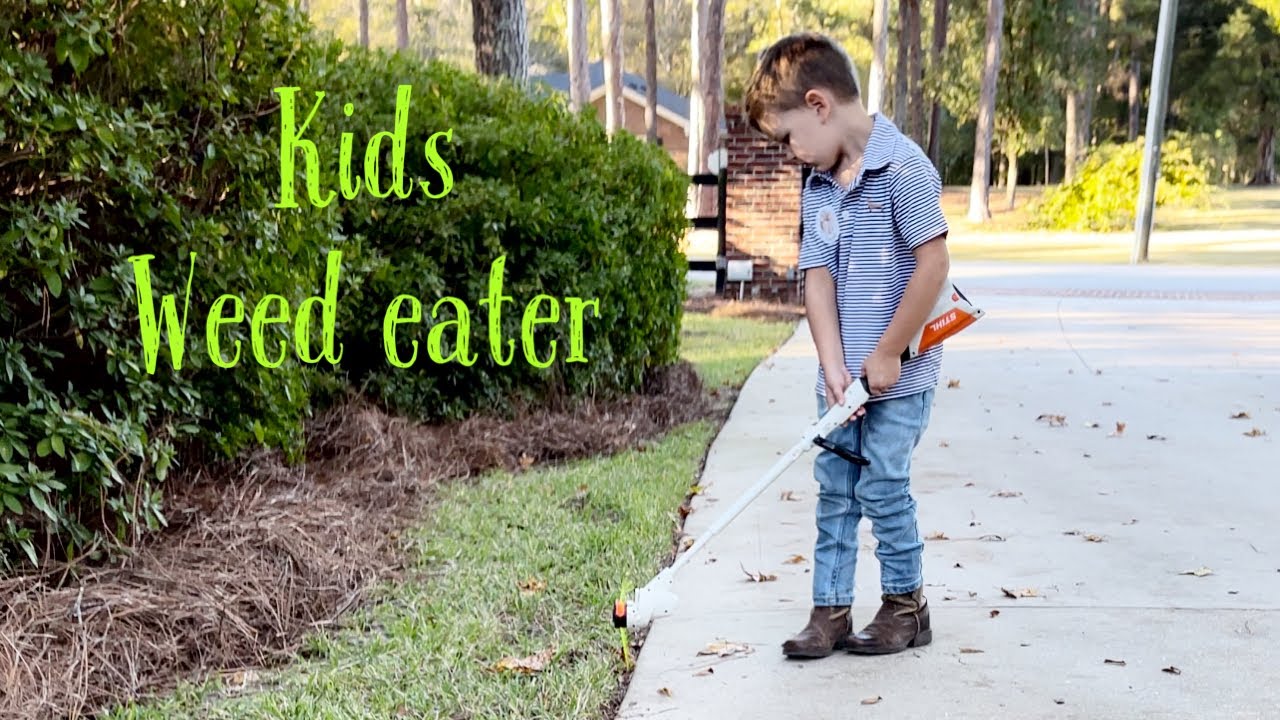 Kids weed eater | kids mowing grass - YouTube