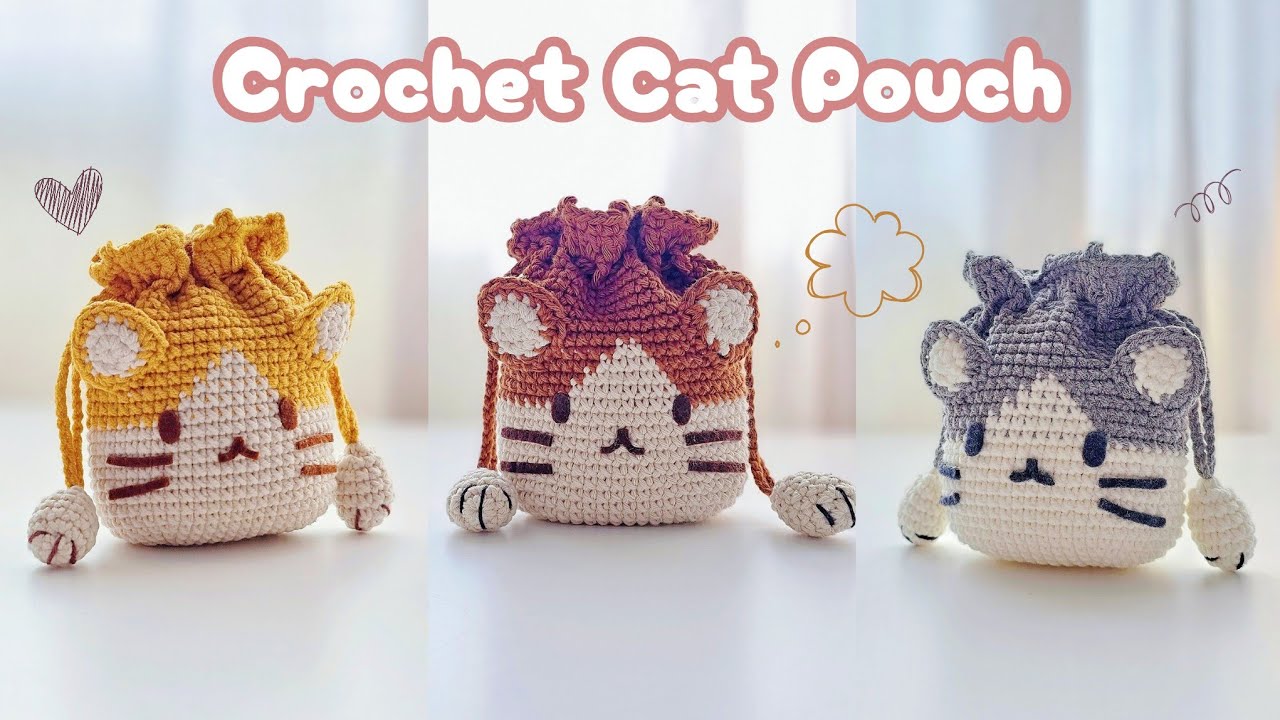 How to crochet a Cat drawstring pouch bag ️ cute crochet cat pouch 🐱 ...