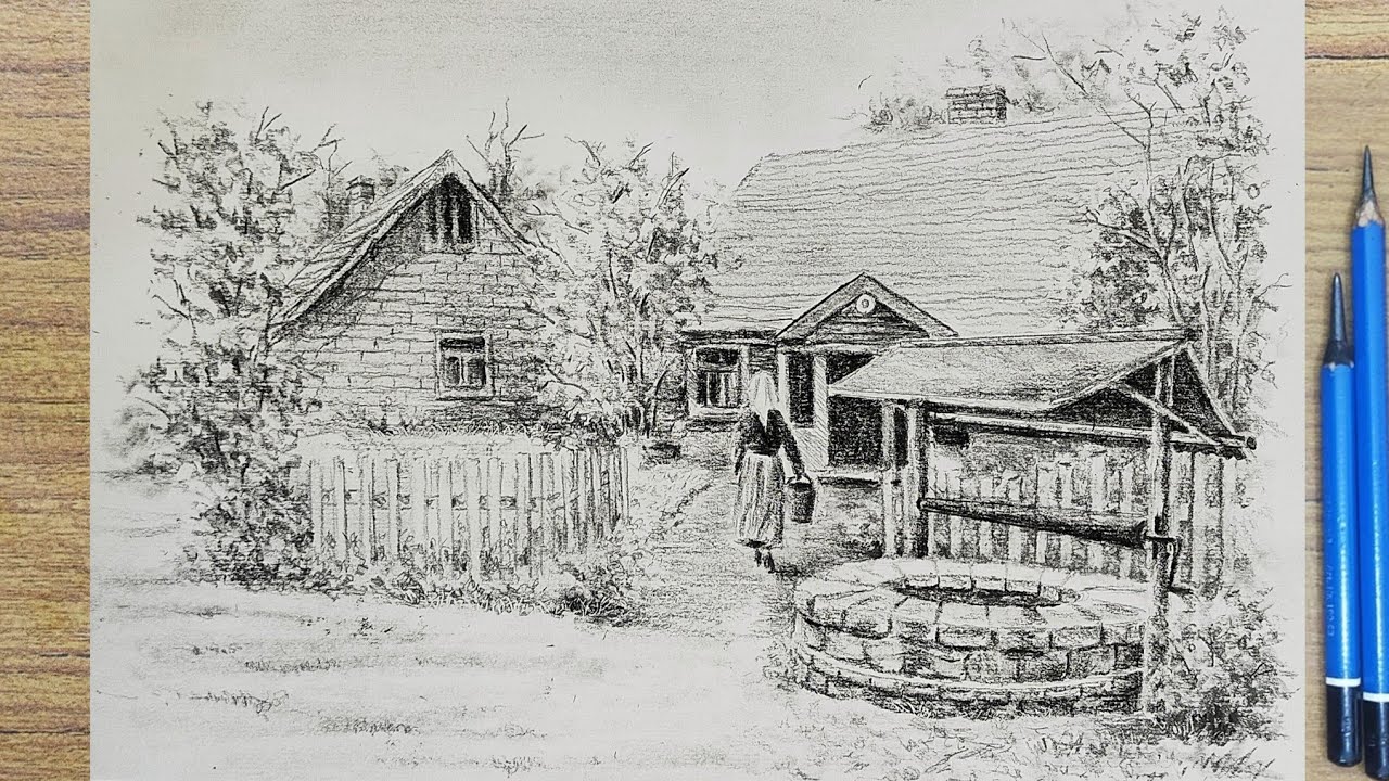 How To Draw Water Well In A Scenary Art With Pencil : Old Water Well ...