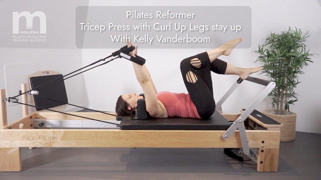 Pilates Reformer Exercise - Tricep Press with Curl Up Legs Stay Up ...