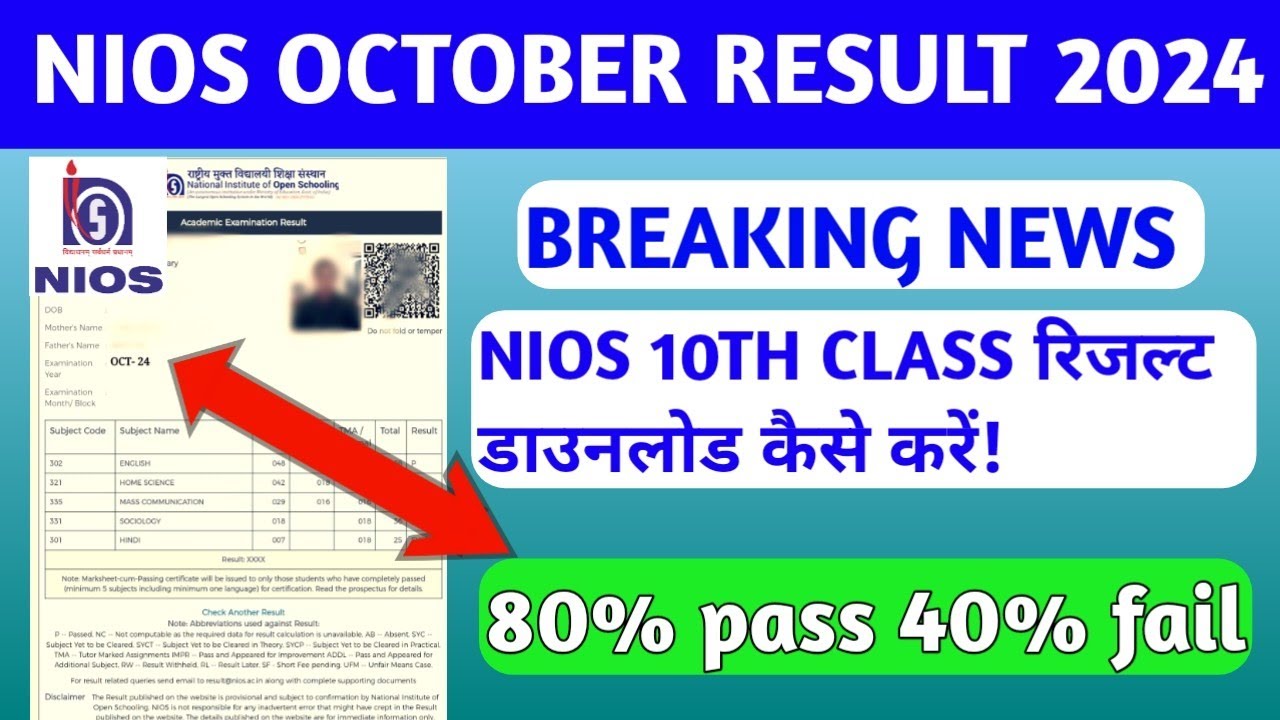 Nios 10th October Result 2024 🔥🔥- Nios 10th Class result Download ...