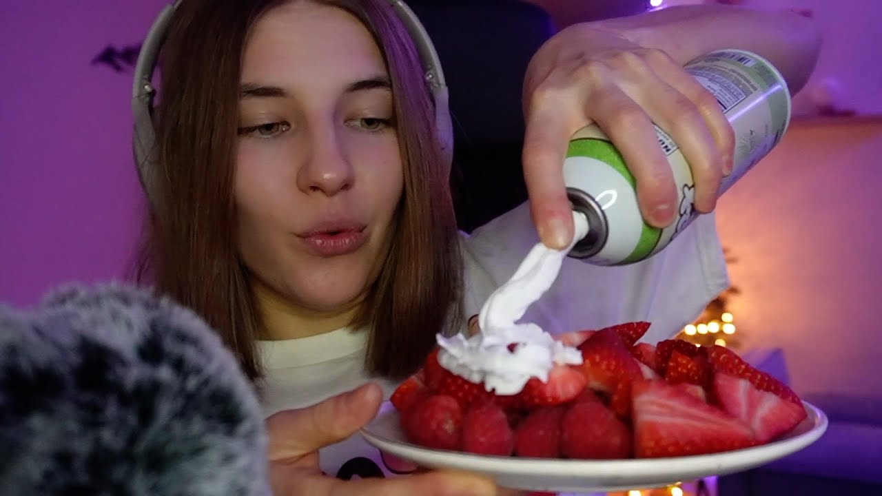 ASMR Eating Crystals, Strawberries with Whipped Cream & Whispered Book ...