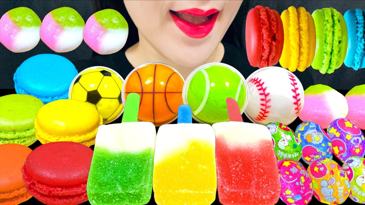 ASMR RAINBOW GUMMY, MACARON, MOCHI 咀嚼音 レインボーデザート アイスクリームグミ ,マカロン, 餅 ...