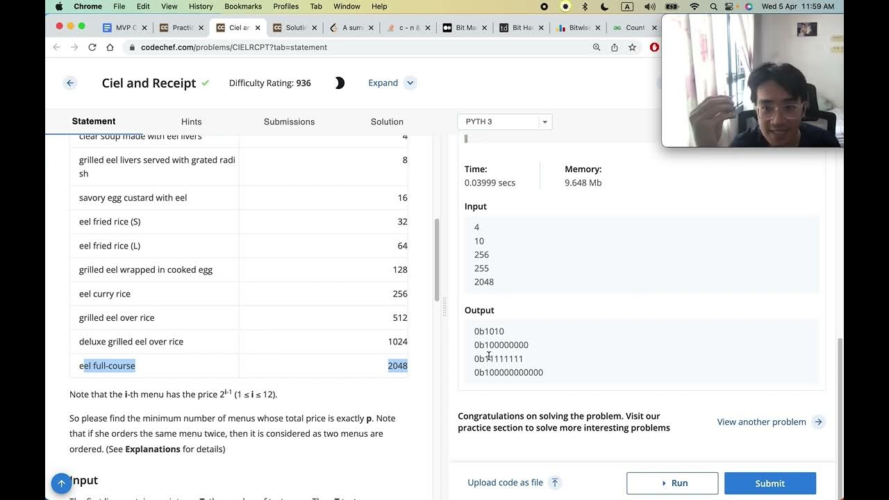 CodeChef Ciel and Receipt Question - Bit Manipulation Approach Solution - Constant Time and ...