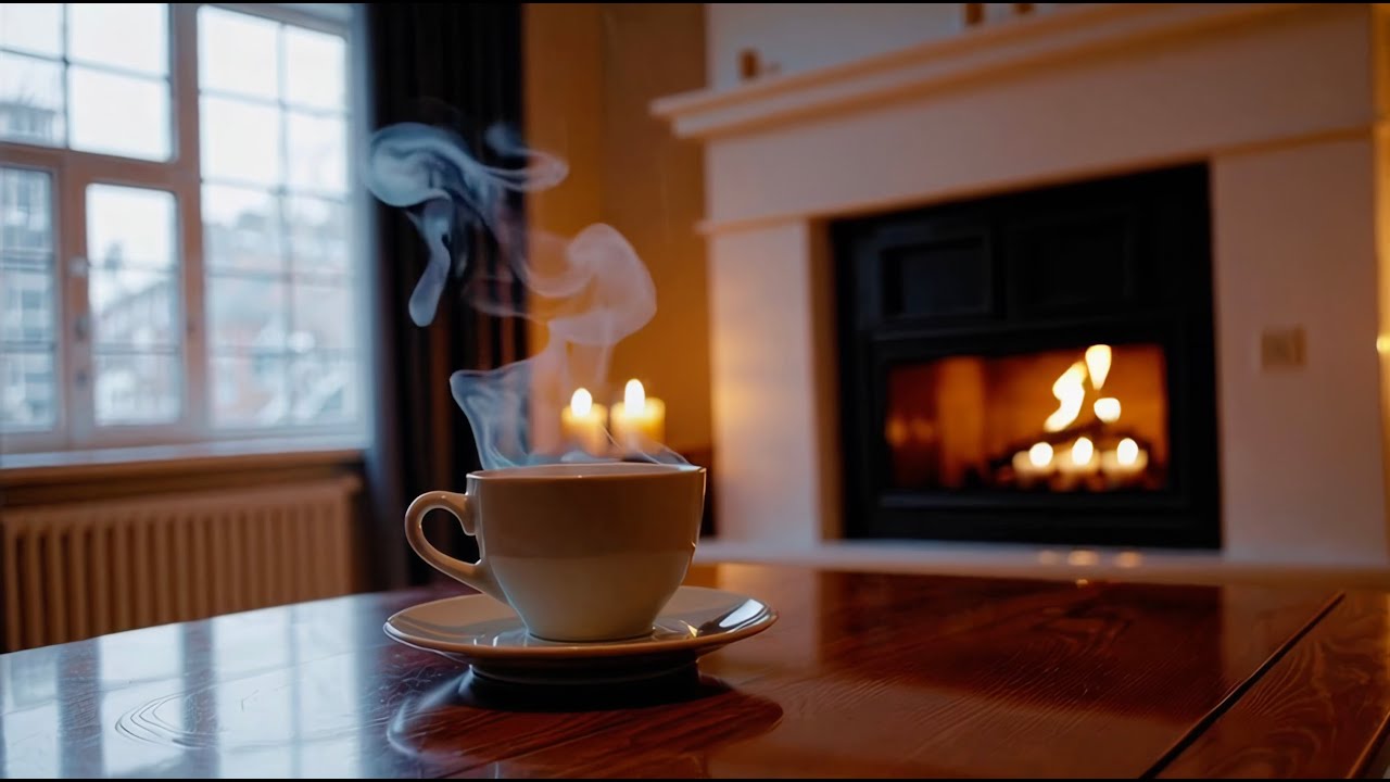 4K Study Background with Live Coffee and Fireplace Atmosphere for ...