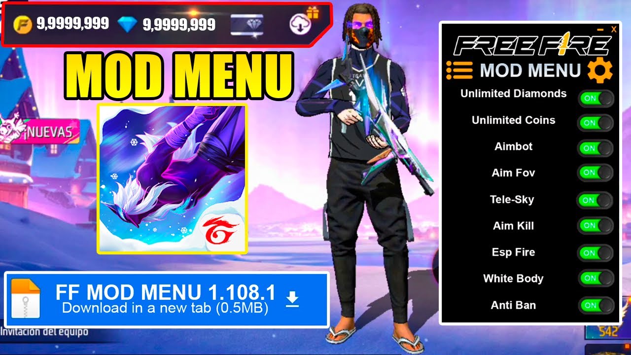 FREE FIRE MOD MENU APK 2024 v1.108.1 🔥 DIAMANTES GRATIS PARA FREE FIRE ...