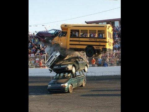 Short Bus jumps through stack of 4 cars! - YouTube