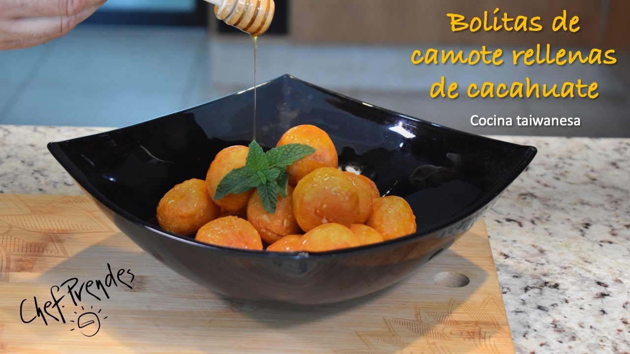 Bolas de camote rellenas de cacahuate. Cocina taiwanesa (Sweet Potato ...