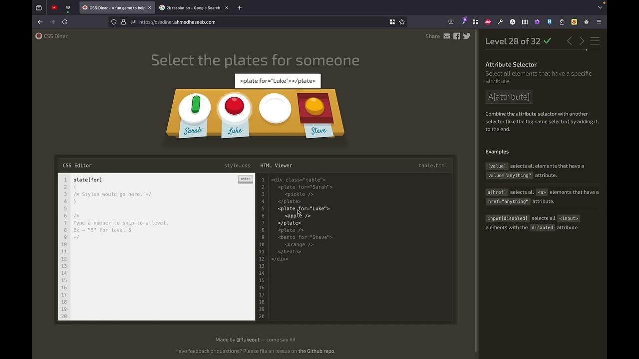 08(c) - Practicing CSS Selectors - CSS Diner Solution level 23 to 32 - Solved - YouTube