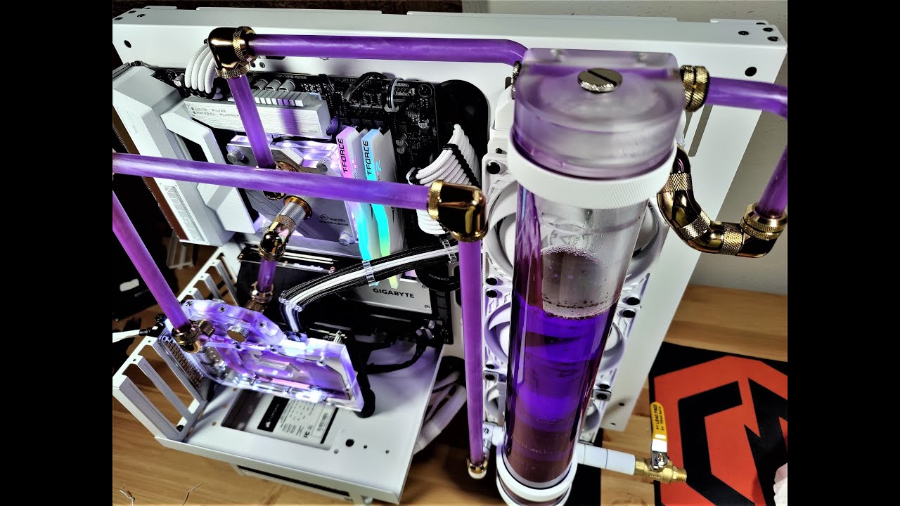 Beautiful gold/purple/white open air custom water loop gaming pc - YouTube