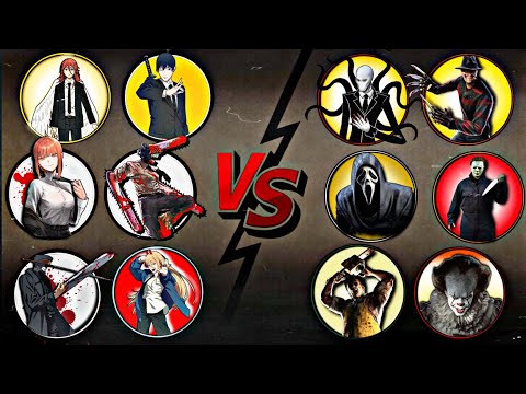Chainsaw Man Team Vs IT Pennywise, Slender Man, Michael Myers, Freddy, Leatherface, Ghost Face