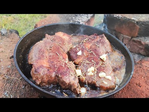 ASMR, жарим мясо, отдых на природе, стейк на сковороде, мясо на костре, steak, cooking on a campfire