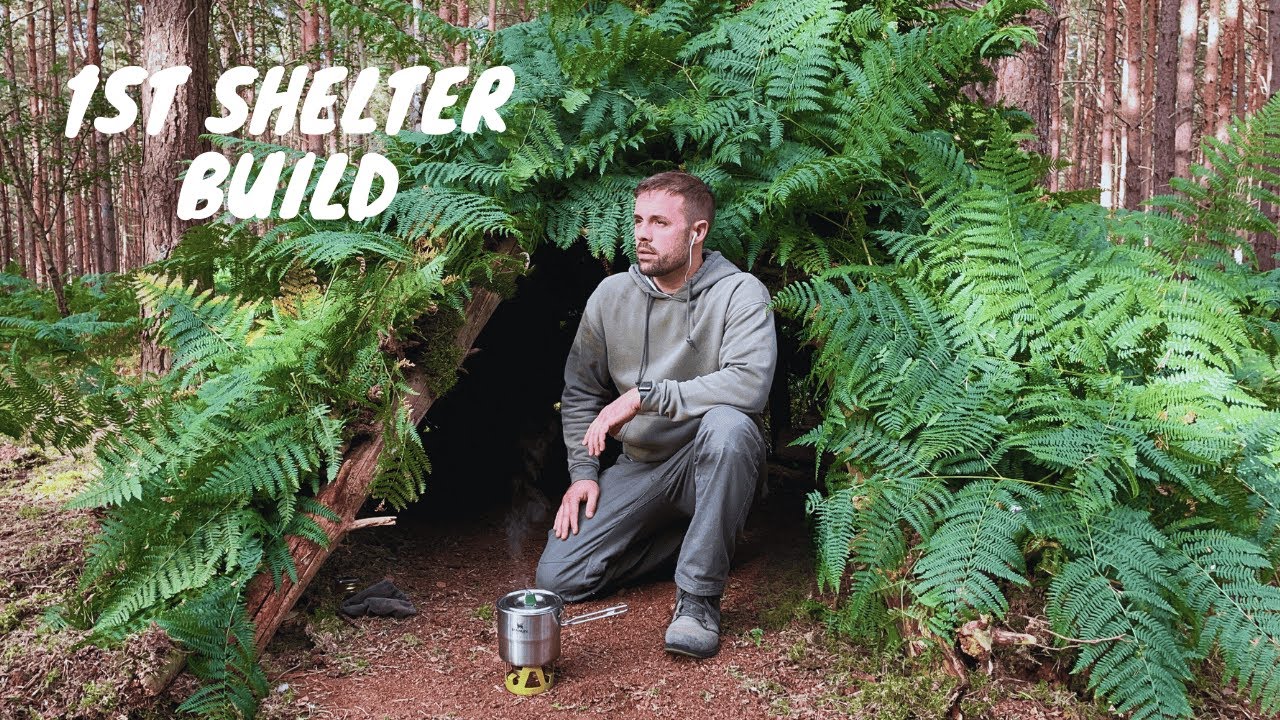 First Bushcraft Shelter Build - Primitive Overnight Wild camp - YouTube