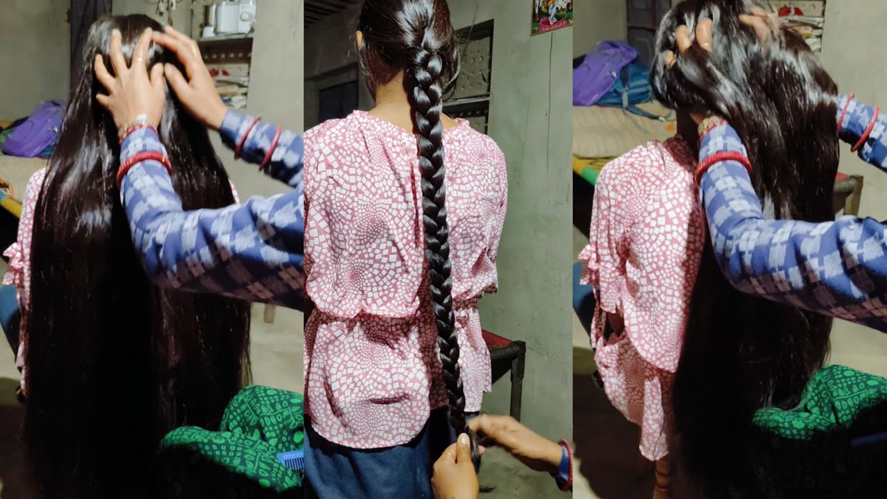 long hair heavy oiling , combing and making sleek braid hairstyle - YouTube